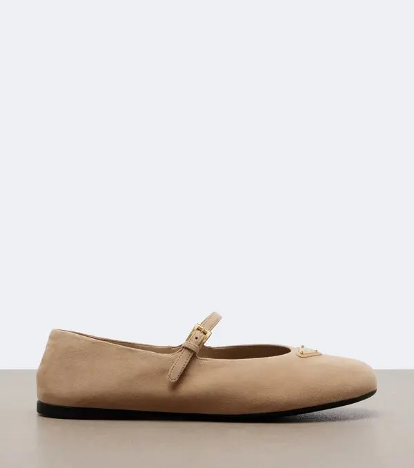 Prada Suede Mary Jane Flats - Beige