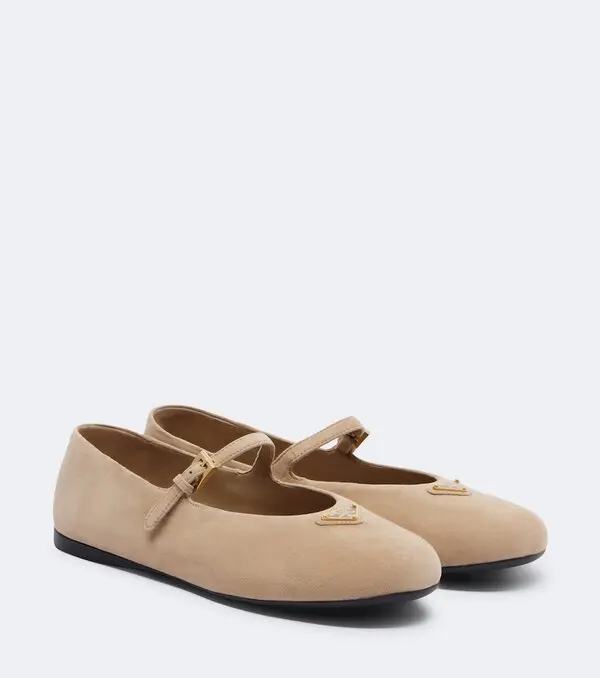 Prada Suede Mary Jane Flats - Beige