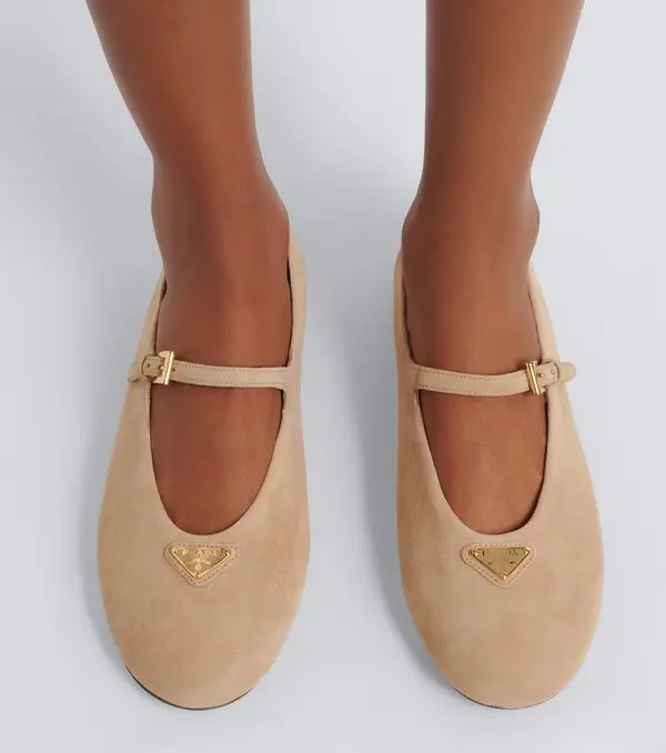 Prada Suede Mary Jane Flats - Beige