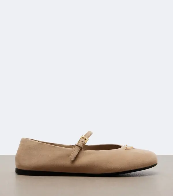 Prada Suede Mary Jane Flats - Beige