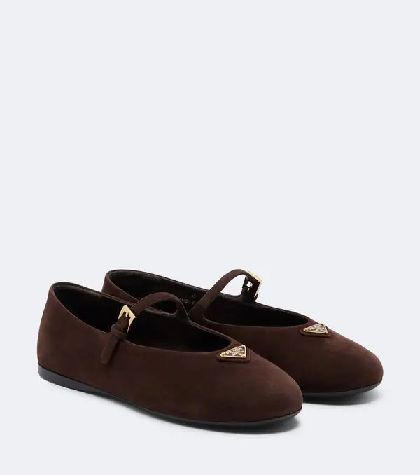 Prada Suede Mary Jane Flats - Brown