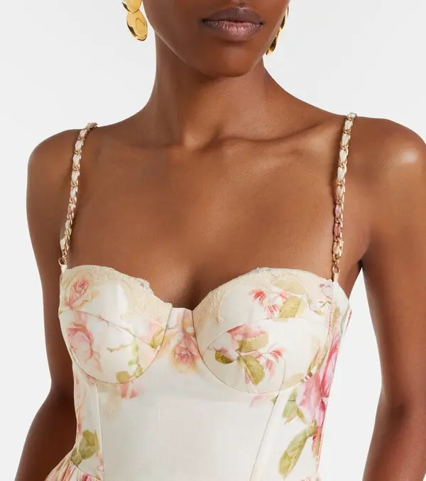 Zimmermann Roselight Floral Linen Bustier Dress - Beige