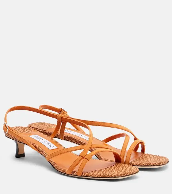 JIMMY CHOO Farris Raffia-trimmed Leather Sandals - Orange