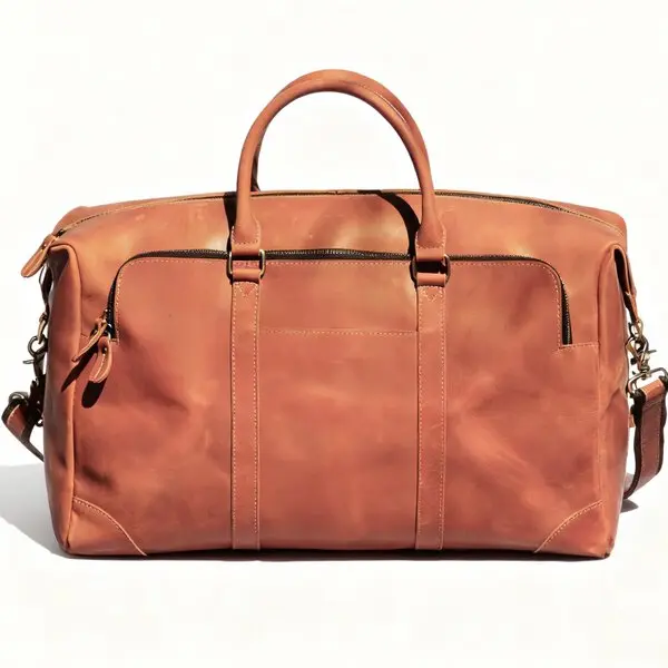 TOURI Genuine Leather Duffel Bag With Zip Pockets - Brown
