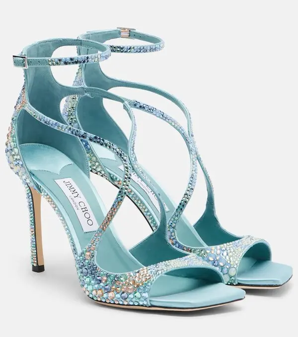 JIMMY CHOO Azia Embellished Satin Sandals In Sky Mix - Blue