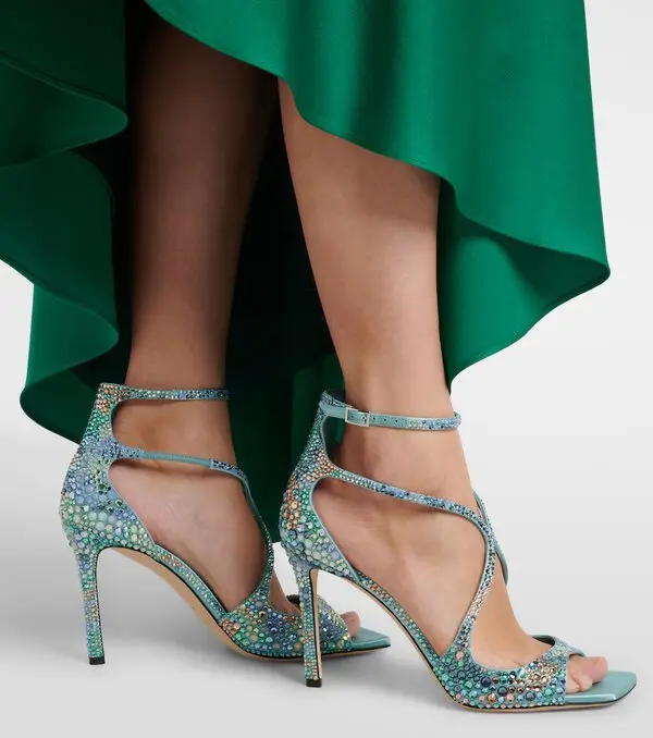 JIMMY CHOO Azia Embellished Satin Sandals In Sky Mix - Blue