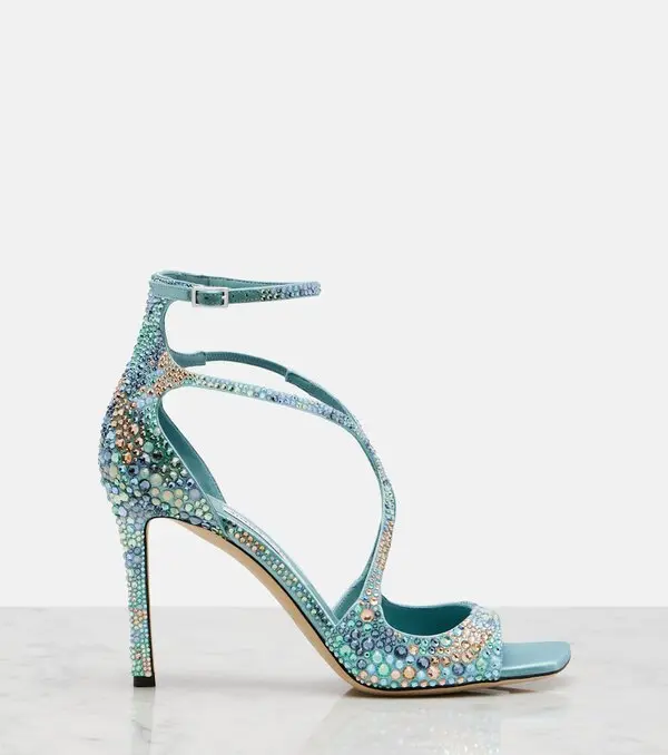 JIMMY CHOO Azia Embellished Satin Sandals In Sky Mix - Blue