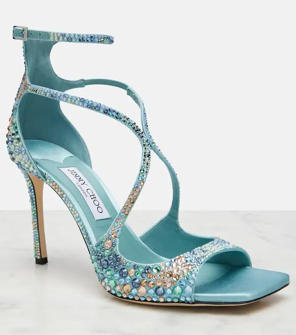 JIMMY CHOO Azia Embellished Satin Sandals In Sky Mix - Blue