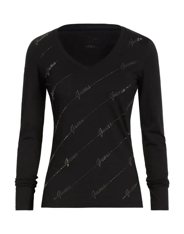 Guess Long Sleeve V-neck T-shirt With Crystal Appliqués