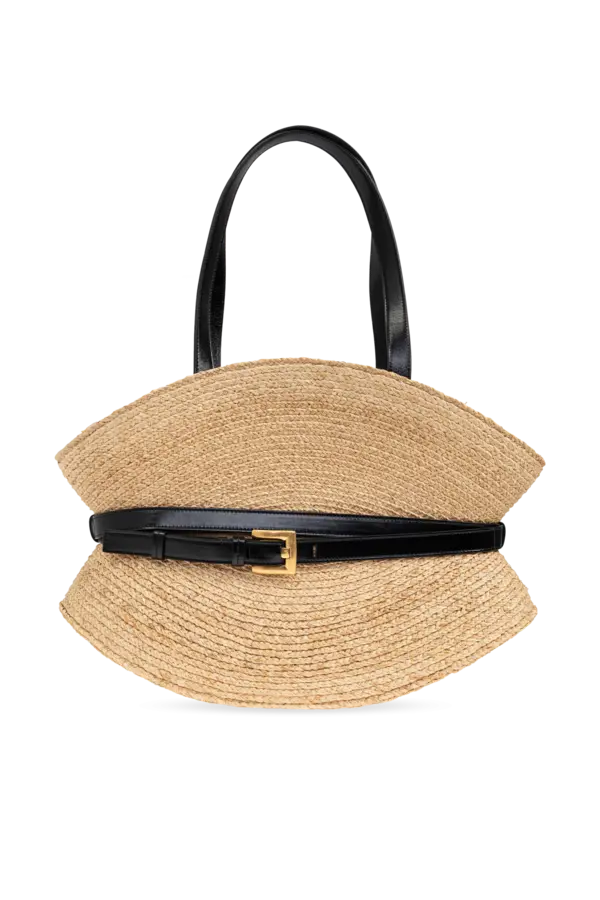 Balmain Shuffle Medium Raffia Shopper Bag With Leather Accents And Gold Buckle - Beige