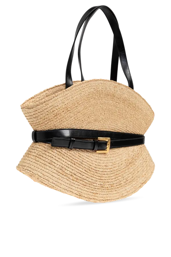 Balmain Shuffle Medium Raffia Shopper Bag With Leather Accents And Gold Buckle - Beige
