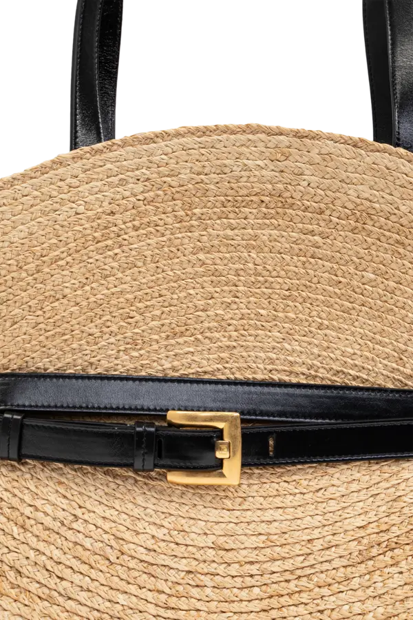 Balmain Shuffle Medium Raffia Shopper Bag With Leather Accents And Gold Buckle - Beige