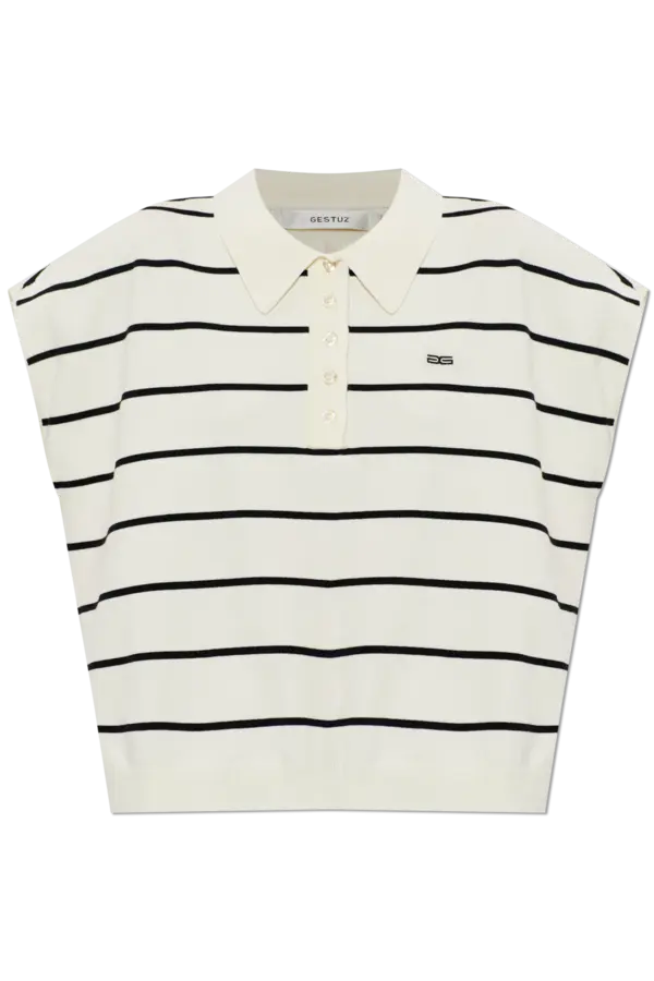 GESTUZ Gzsaia Knitted Polo Shirt With Black Stripes - White