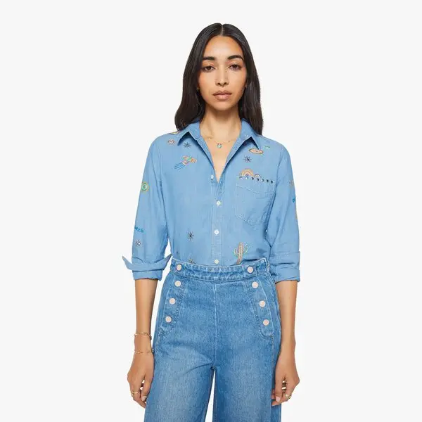 MOTHER The Foxy Boxy "hands Up" Embroidered Cotton Shirt - Blue