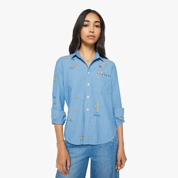 MOTHER The Foxy Boxy "hands Up" Embroidered Cotton Shirt - Blue