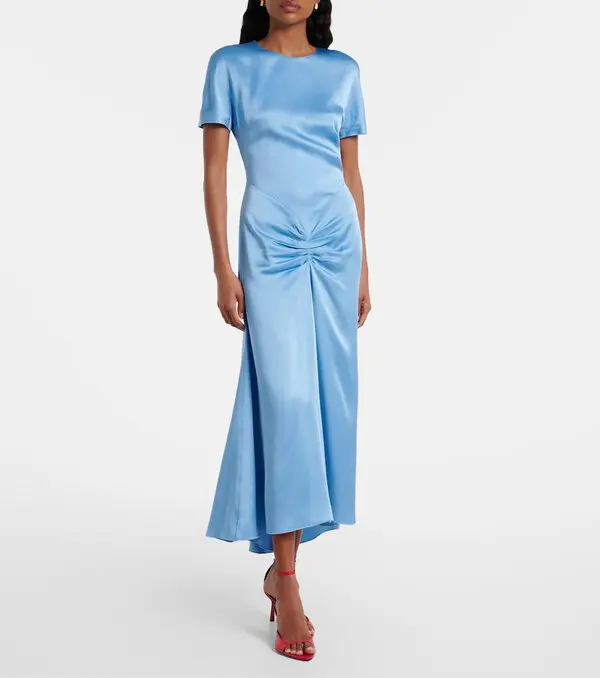 Victoria Beckham Gathered Satin Midi Dress - Blue