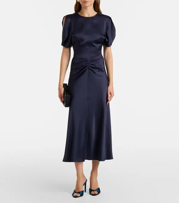 Victoria Beckham Bela Gathered Satin Midi Dress - Blue
