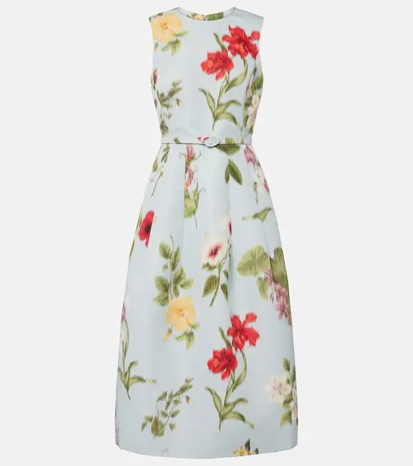 Oscar De La Renta Belted Floral Faille Cocktail Dress - Blue