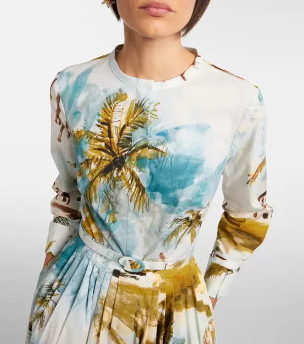Oscar De La Renta Pleated Printed Cotton-blend Cocktail Dress