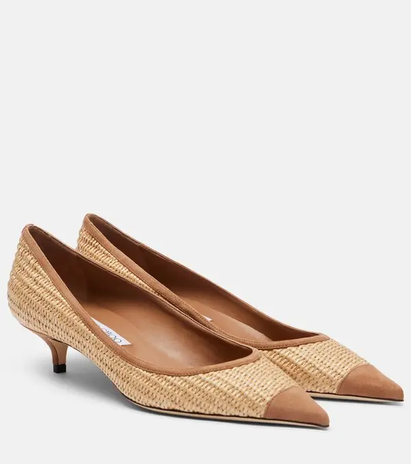 JIMMY CHOO Amelia Suede-trimmed Raffia Pumps - Beige