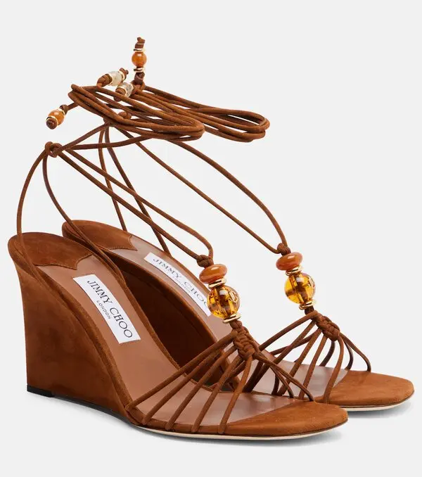 JIMMY CHOO Embellished Suede Wedge Sandals - Brown