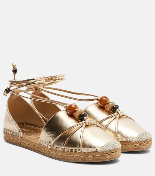 JIMMY CHOO Lemi Embellished Leather Espadrilles - Gold
