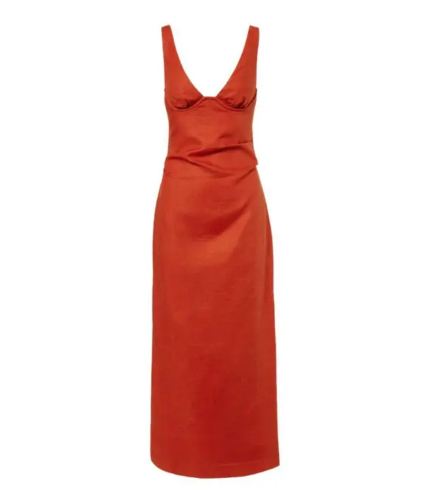 SIR. Draped Linen Midi Dress - Red