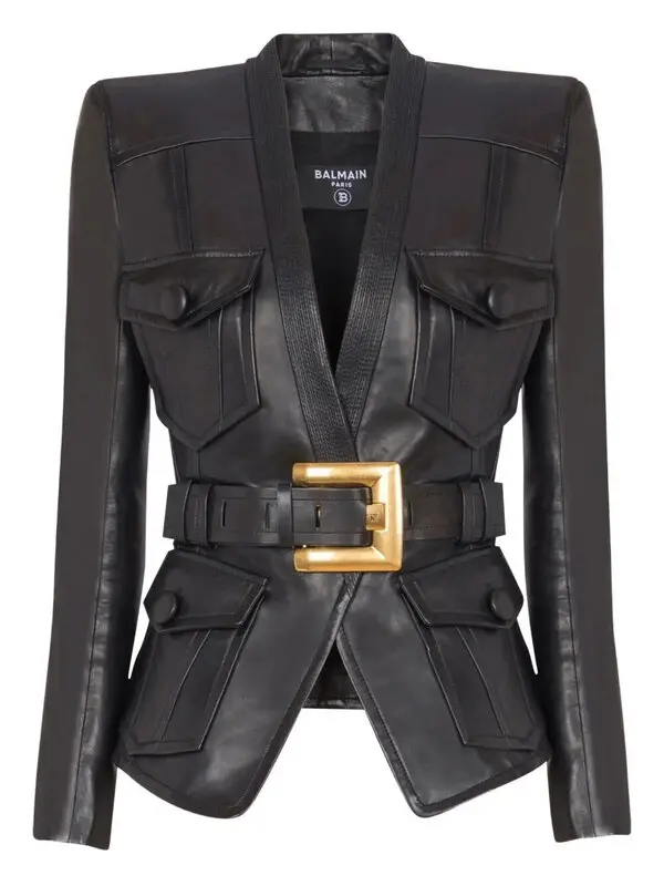 Balmain Fitted Leather Jacket With Four Pockets And Belt - Black