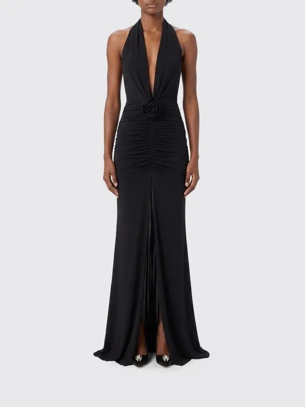 Blumarine Jersey Halterneck Maxi Dress With Flower Appliqu - Black