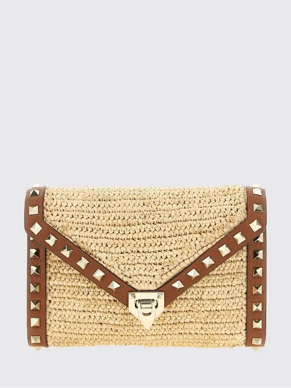 Valentino Garavani Rockstud Raffia And Leather Pouch - Beige