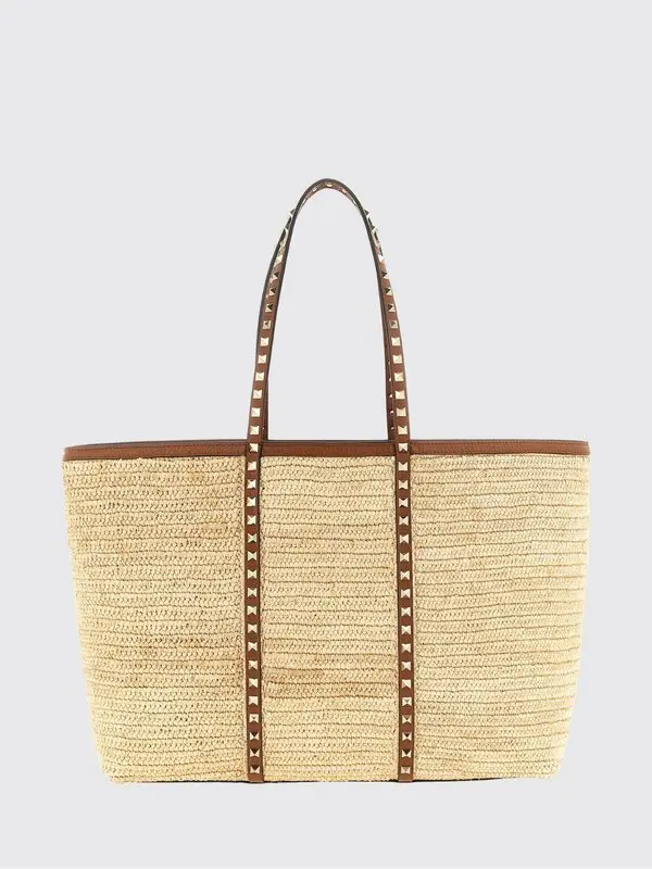 Valentino Garavani Straw Tote Bag With Stud Embellishments - Beige