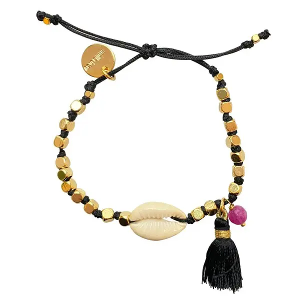 SMILLA BRAV Kaira Shell Bracelet With Gold-tone Beads And Tassel Charm - Black
