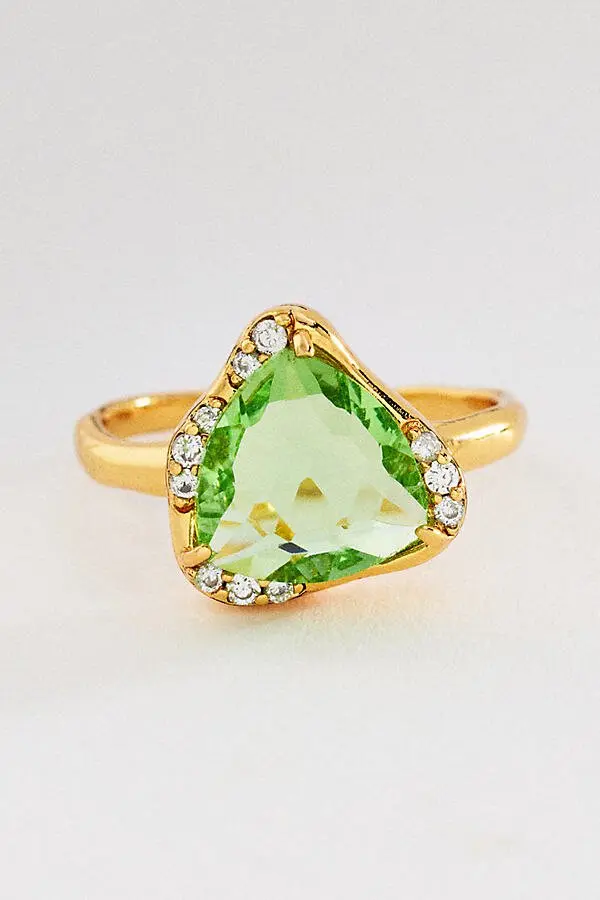 Anthropologie Bezel Crystal Ring In Gold-plated Brass And - Light Green