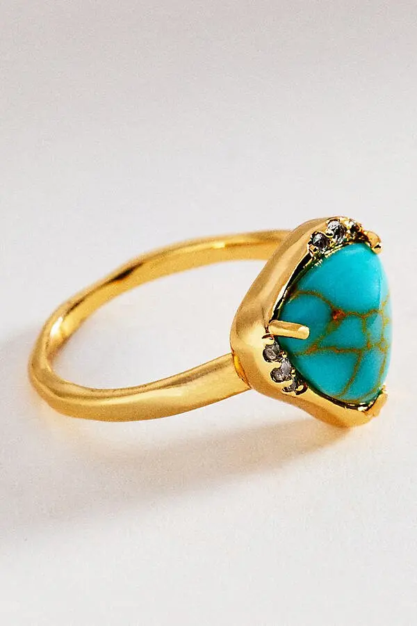Anthropologie Bezel Crystal Ring In Gold-plated Brass And - Turquoise