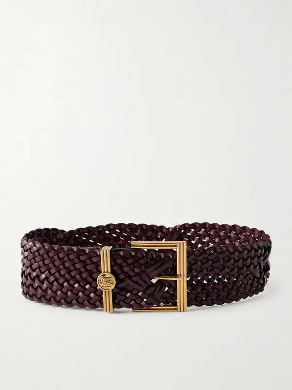 Etro Pegaso Woven Leather Belt With Gold-tone Clasp - Burgundy