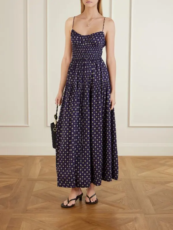 DÔEN Safia Smocked Printed Cotton And Silk-blend Maxi Dress - Multi