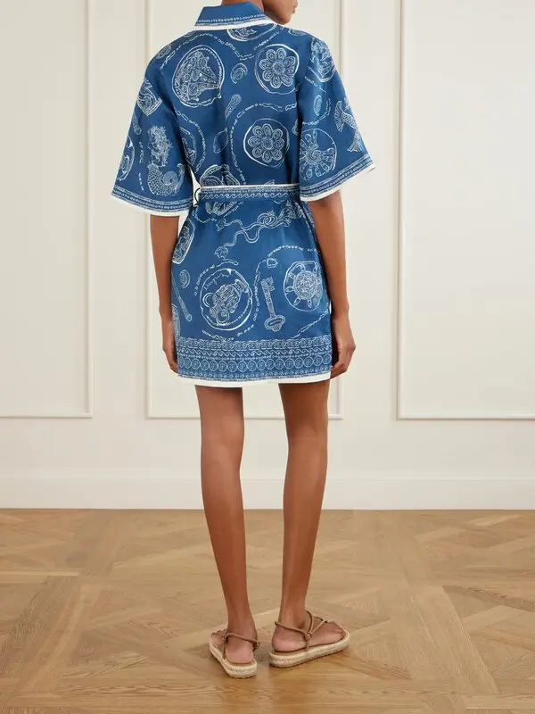 ALEMAIS Lucky Belted Printed Linen Mini Dress