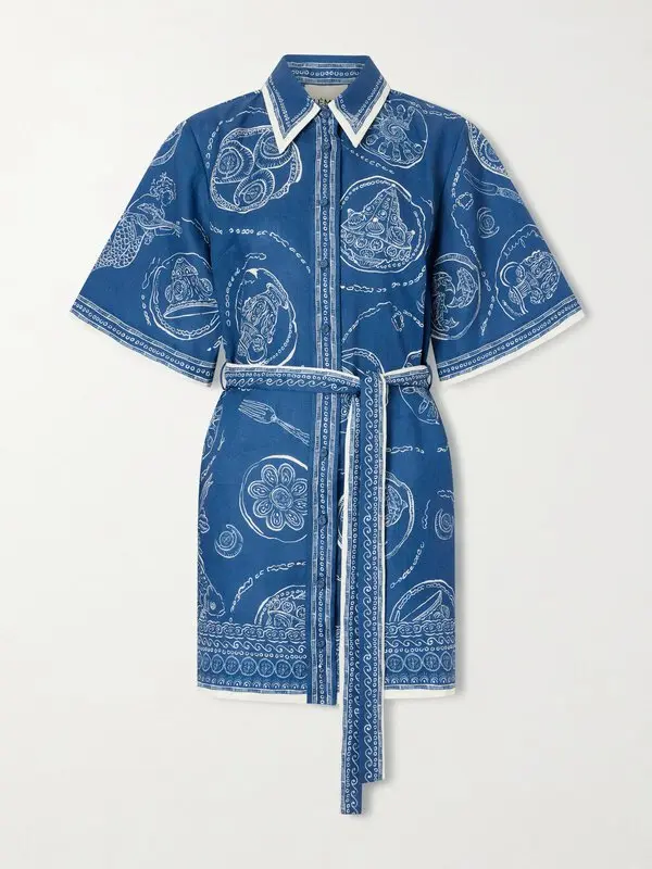 ALEMAIS Lucky Belted Printed Linen Mini Dress - Blue
