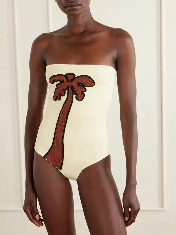 Johanna Ortiz Palm Appliquéd Strapless Swimsuit - Neutrals