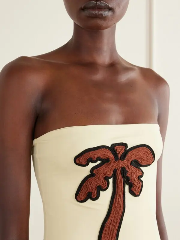 Johanna Ortiz Palm Appliquéd Strapless Swimsuit - Neutrals