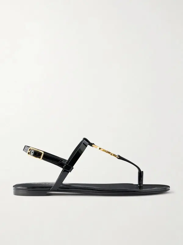 Saint Laurent Cassandre Logo Embellished Patent Leather Sandals - Black