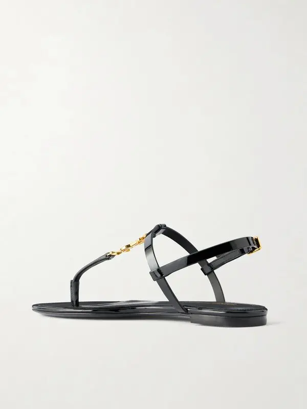 Saint Laurent Cassandre Logo Embellished Patent Leather Sandals - Black