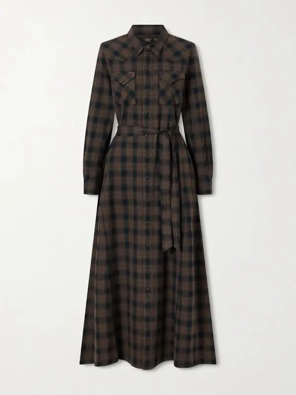 Ralph Lauren Belted Checked Cotton Maxi Shirt Dress - Brown