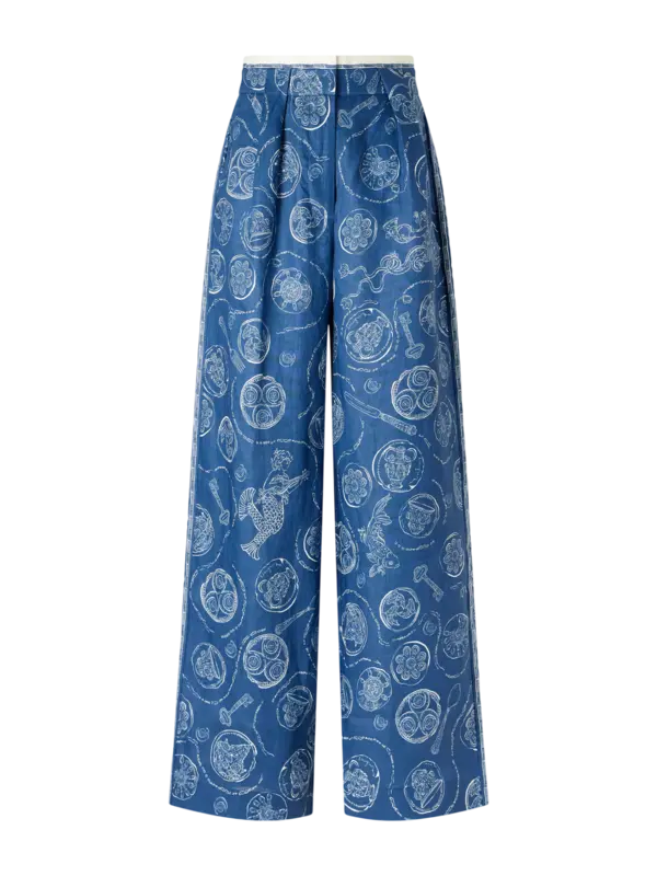 ALEMAIS Lucky Pleated Printed Linen Wide-leg Pants - Blue