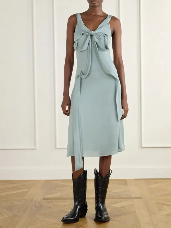 Acne Studios Dowla Silk Crepe De Chine Midi Dress With Oversized Bow Detail - Green