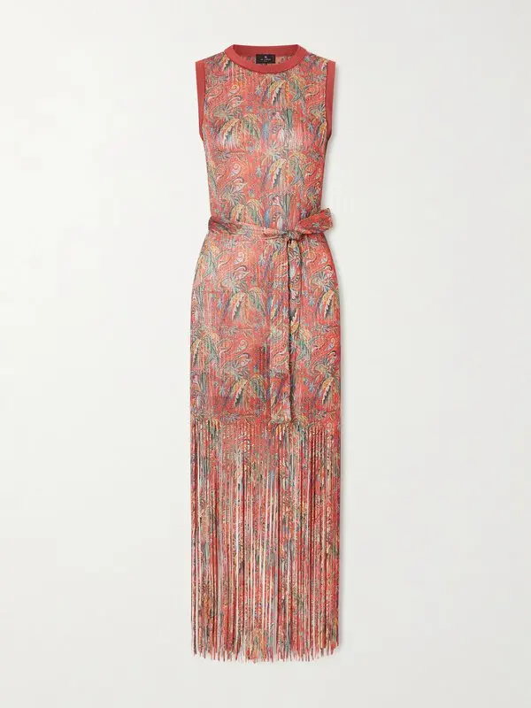 Etro Belted Fringed Jacquard-knit Midi Dress