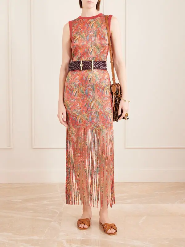 Etro Belted Fringed Jacquard-knit Midi Dress