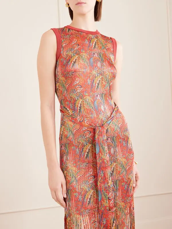 Etro Belted Fringed Jacquard-knit Midi Dress