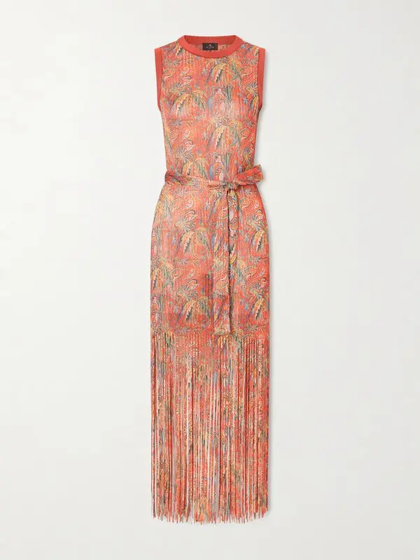 Etro Belted Fringed Jacquard-knit Midi Dress - Red
