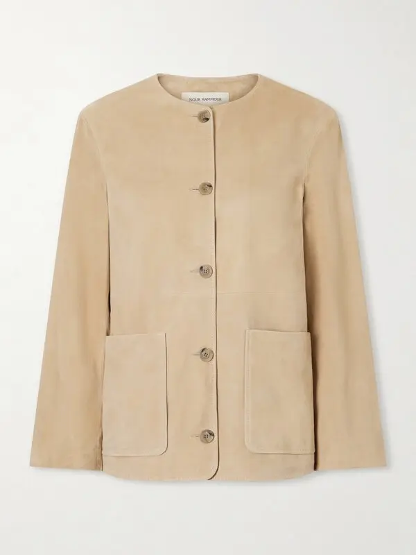 Nour Hammour Collarless Suede Jacket - Neutrals
